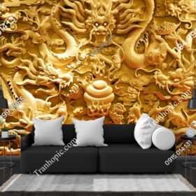 Tranh rồng phượng điêu khắc gỗ 3D dán tường 52479