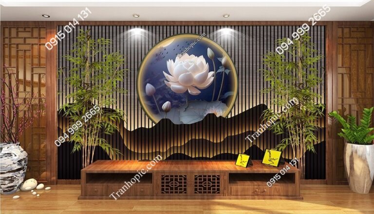 Tranh dán tường hoa sen lam sóng và tre 3D GMD1582023